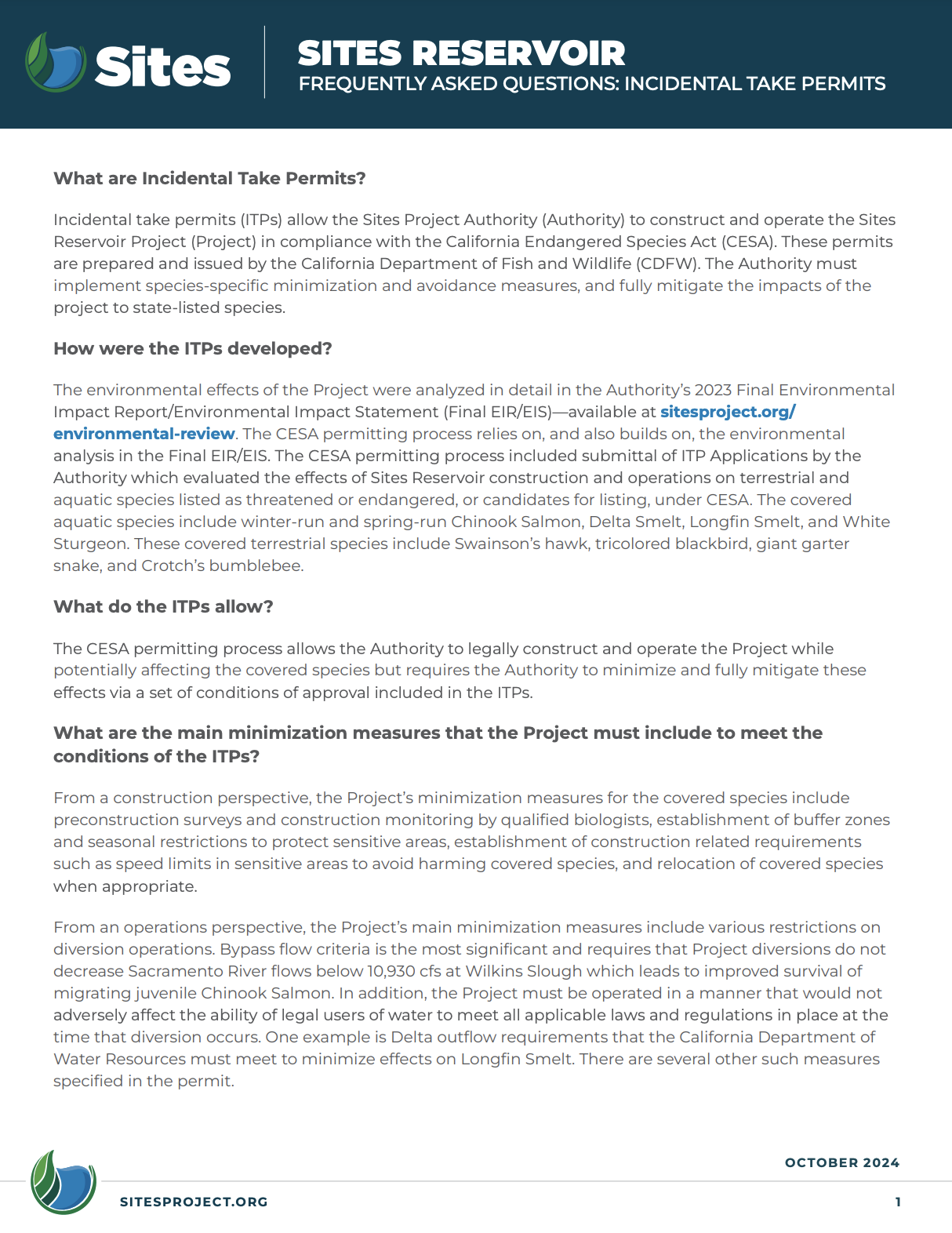 Informational Materials – Sites Reservoir